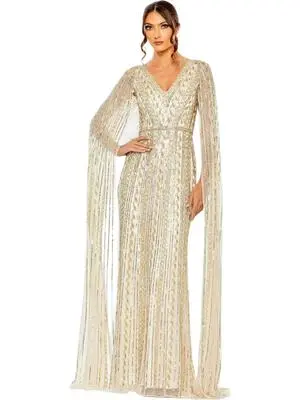 Mac Duggal Sequin V-neck Gown With Cape Sleeves - Neutral