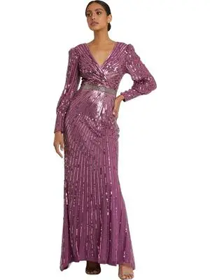 Mac Duggal Sequined Wrap Over Bishop Sleeve Gown - Purple