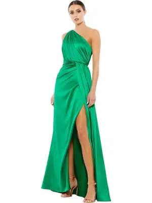 Mac Duggal Gathered One-shoulder Faux Wrap Gown - Green