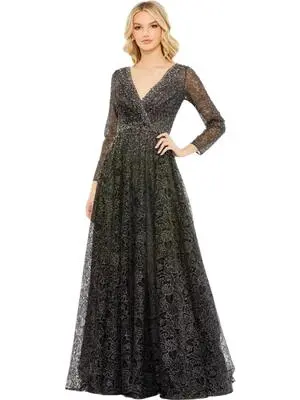 Mac Duggal Embellished Illusion Long Sleeve V Neck Gown - Gray
