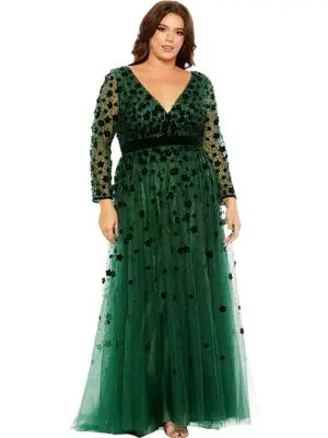 Mac Duggal Velvet Floral Appliqué Long Sleeve A-line Gown - Green