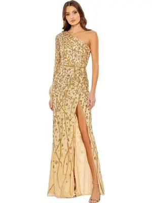 Mac Duggal Embellished One-sleeve Faux Wrap Gown - Gold
