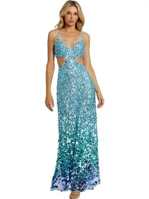 Mac Duggal Thin Strap Cut-out Ombre Sequin Evening Gown - Blue