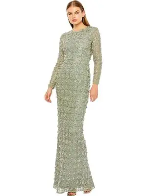 Mac Duggal Long Sleeve High Neck Beaded Gown - Green