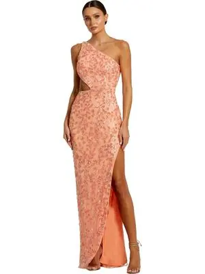 Mac Duggal One-shoulder Embellished Gown With Slit - Pink