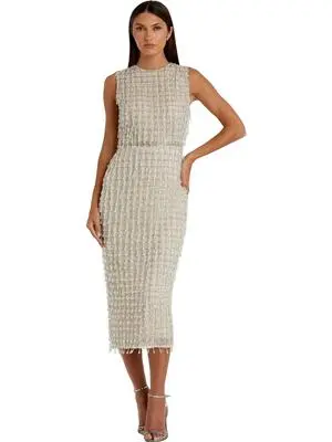 Mac Duggal Beaded Midi Sheath Dress - Neutral