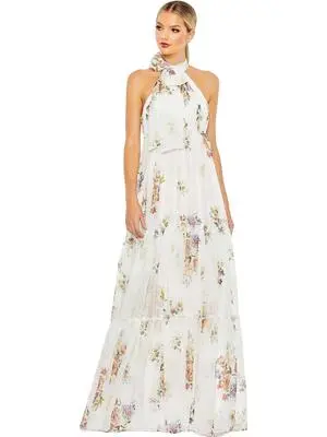 Mac Duggal Floral-printed Chiffon Ruched Tiered Gown With Bow - White Multi