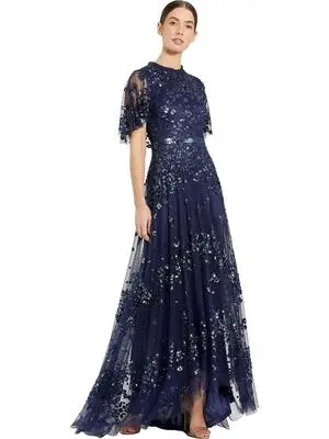Mac Duggal Sequined High Neck Flutter Sleeve A-line Gown - Navy