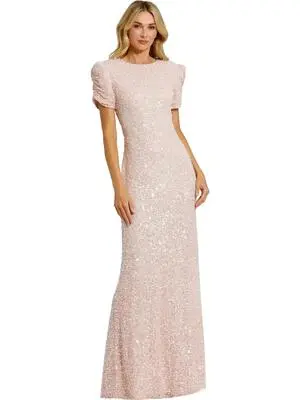 Mac Duggal Gathered Short Sleeve Embellished Gown Pink