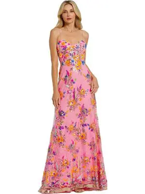 Mac Duggal Floral Sequin Lace Gown With Sweetheart Neckline - Pink Multi