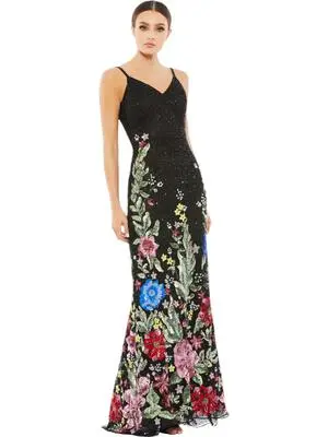 Mac Duggal Floral Embellished Spaghetti Strap Gown - Black
