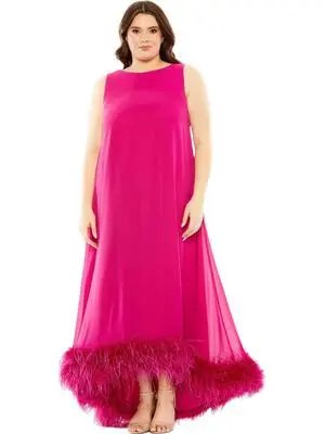 Mac Duggal High Neck Feather Hem Gown - Pink