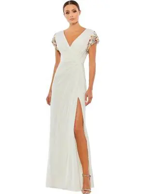 Mac Duggal Embellished Cap Sleeve Gown - White