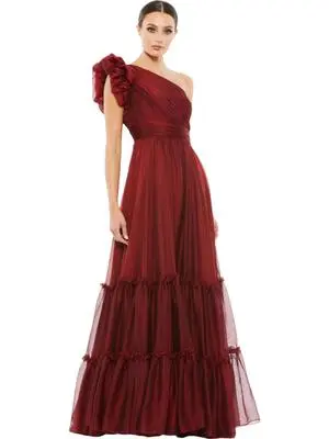 Mac Duggal Organza One-shoulder Pleated Gown - Red