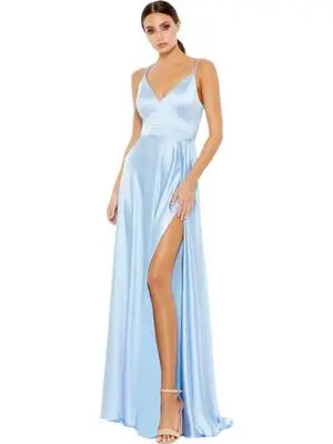 Mac Duggal Satin Strappy-back High Slit Gown - Blue