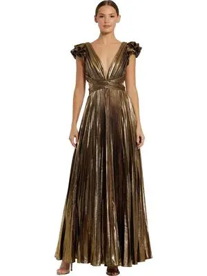 Mac Duggal Ruffle Sleeve Cutout Pleated Metallic Gown - Gold