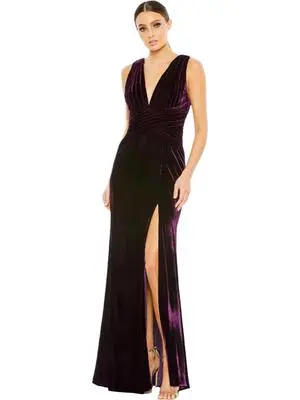 Mac Duggal Sleeveless Plunge Neck Pleated Velvet Gown - Purple