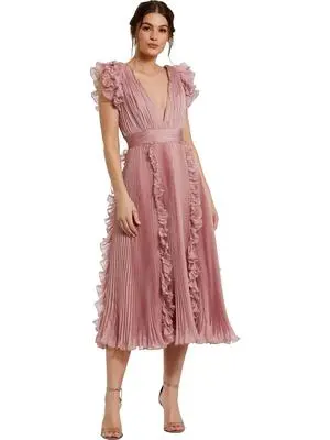 Mac Duggal Pleated Chiffon V-neck Midi Dress - Pink