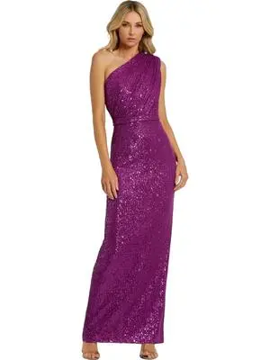 Mac Duggal Sequined Ruched One Shoulder Gown - Purple