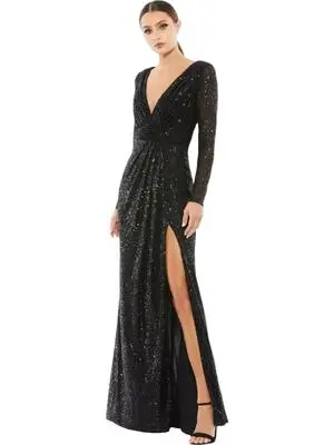 Mac Duggal Sequin Long Sleeve Gown - Black