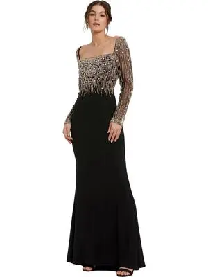 Mac Duggal Beaded Square Neck Long Sleeve Jersey Gown - Black