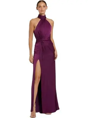 Mac Duggal Open Back High Neck Ruched Gown - Purple