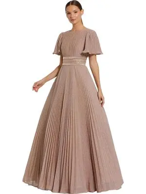 Mac Duggal Pleated Shimmering Flutter Sleeve Ball Gown - Pink