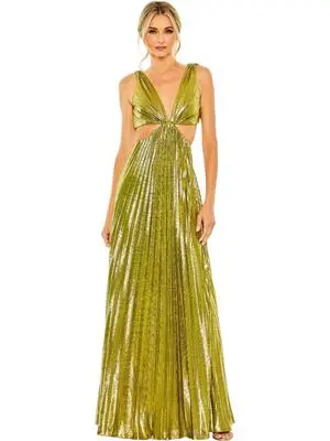 Mac Duggal Pleated Metallic Cutout Gown - Green