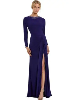 Mac Duggal Long Sleeve Jersey Ruched Gown With Beaded Neck - Purple