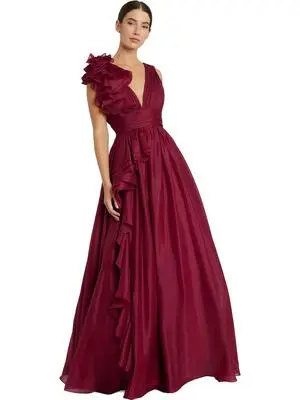 Mac Duggal Ruffle Shoulder V-neck Chiffon Gown - Red
