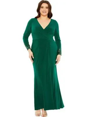 Mac Duggal Long Sleeve Crystal Embellished Gown - Green