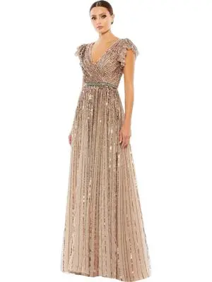 Mac Duggal Sequined Wrap-over Gown With Ruffled Cap Sleeves - Neutral