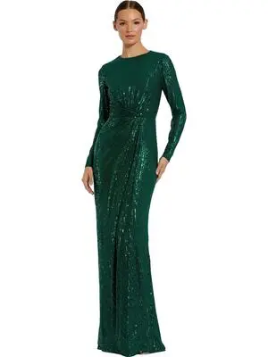 Mac Duggal Sequined Long Sleeve Side Knot Gown - Green