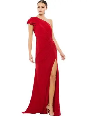 Mac Duggal Ruffled One-shoulder Draped Gown - Red