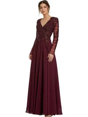 Mac Duggal Embellished Illusion V-neck Long Sleeve Gown - Red
