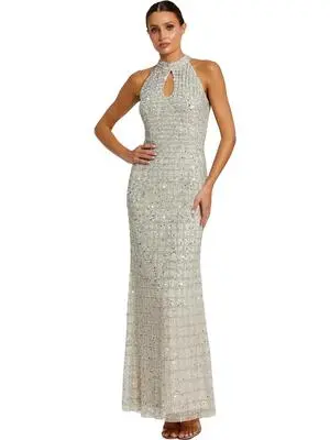 Mac Duggal Embellished Halter Neck Keyhole Gown - Silver