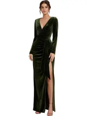 Mac Duggal Ruched Velvet Column Evening Gown - Green
