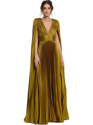 Mac Duggal Pleated Charmeuse V-neck Gown With Cape - Green