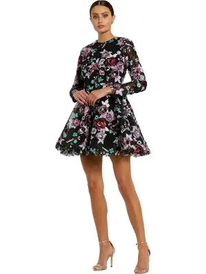 Mac Duggal High Neck Long Sleeve Sequin A-line Mini Dress - Black