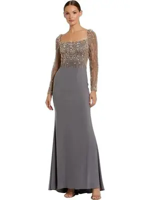 Mac Duggal Beaded Square Neck Long Sleeve Gown - Gray