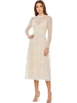 MAC DUGGAL Sequined Illusion High Neck Midi Dress