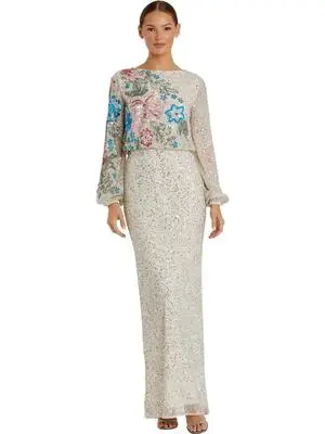 Mac Duggal Sequin Floral Gown With Long Blouson Sleeves Neutral