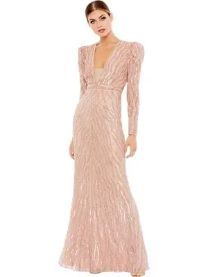 Mac Duggal Beaded Puff Sleeve Trumpet Evening Gown - Pink