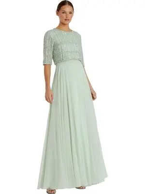 Mac Duggal Chiffon Gown With Beaded Sleeve Top Green