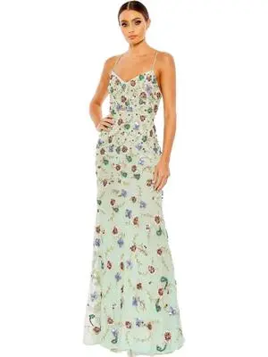 Mac Duggal Embellished Floral Embroidered Lace-up Gown - Green