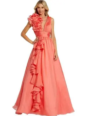 Mac Duggal Ruffle Shoulder V-Neck Chiffon Gown Pink