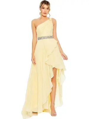 Mac Duggal Pleated One-shoulder Ruffle-hem Gown - Yellow