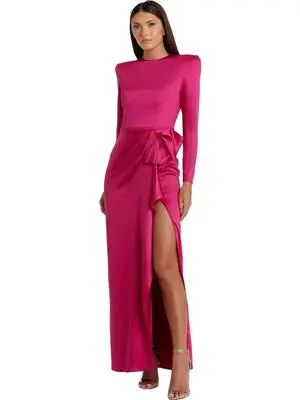 Mac Duggal Long Sleeve Satin Bow Column Gown - Pink