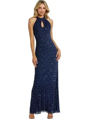 Mac Duggal Embellished Halter Neck Keyhole Gown - Navy