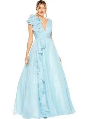Mac Duggal Ruffle Shoulder V-neck Chiffon Gown - Blue